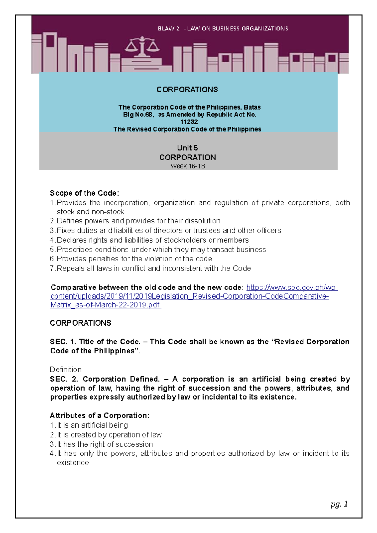 Unit-5- Corporation - CORPORATIONS The Corporation Code of the ...