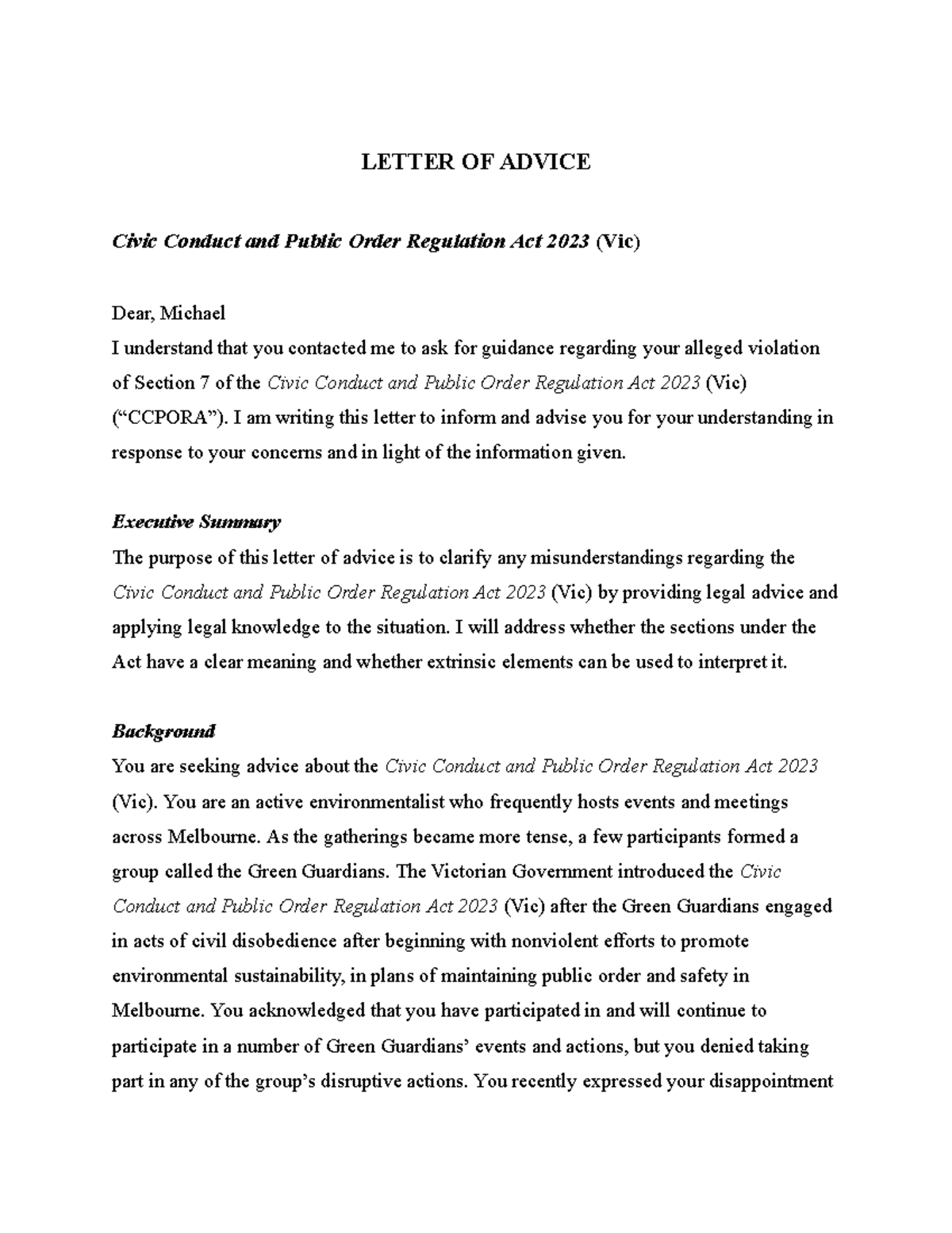 Letter Of Advice - Assessment 3 - LETTER OF ADVICE Civic Conduct and ...