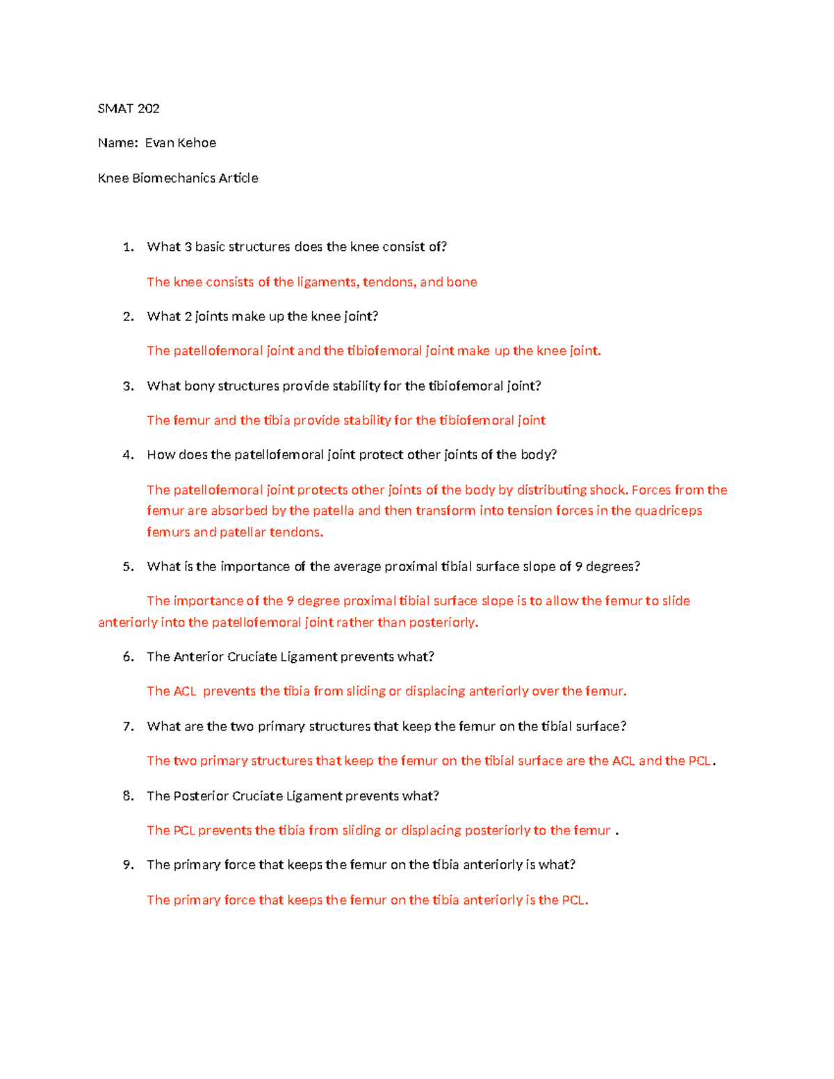 Knee biomechanics questions word - SMAT 202 Name: Evan Kehoe Knee ...