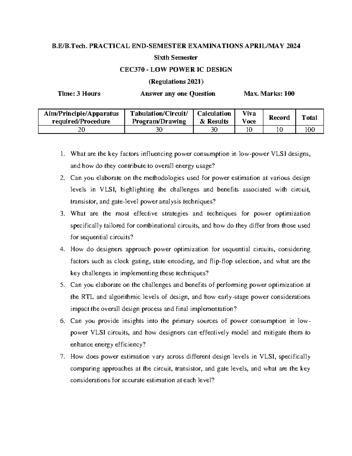 Low power IC design lab QP - B.E/B. PRACTICAL END-SEMESTER EXAMINATIONS ...