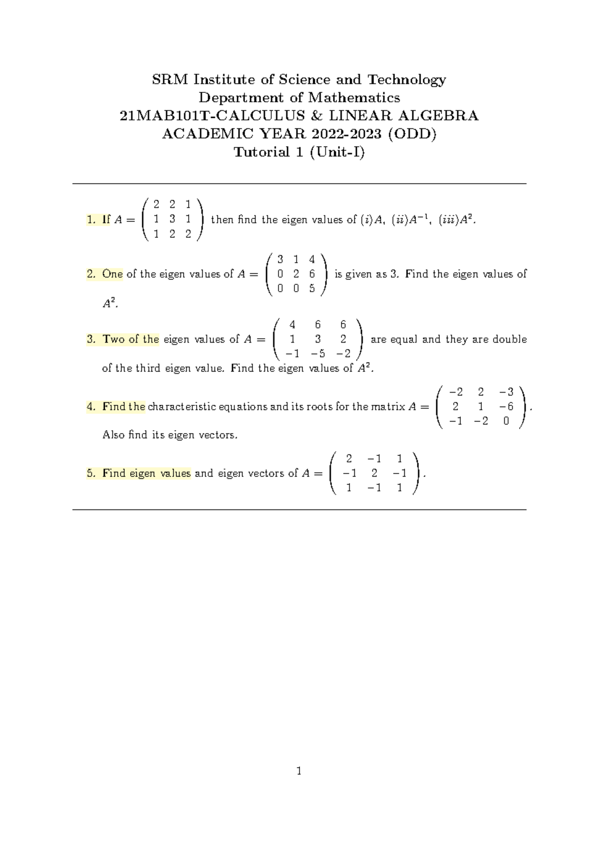 Unit 1 Matrices Tutorial 1 - SRM Institute of Science and Technology ...