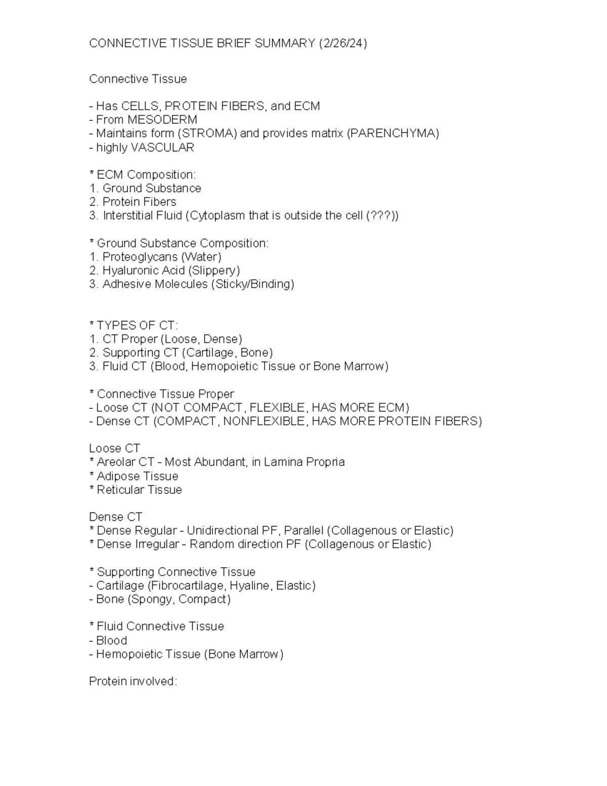 Connective Tissue Notes - CONNECTIVE TISSUE BRIEF SUMMARY (2/26/24 ...