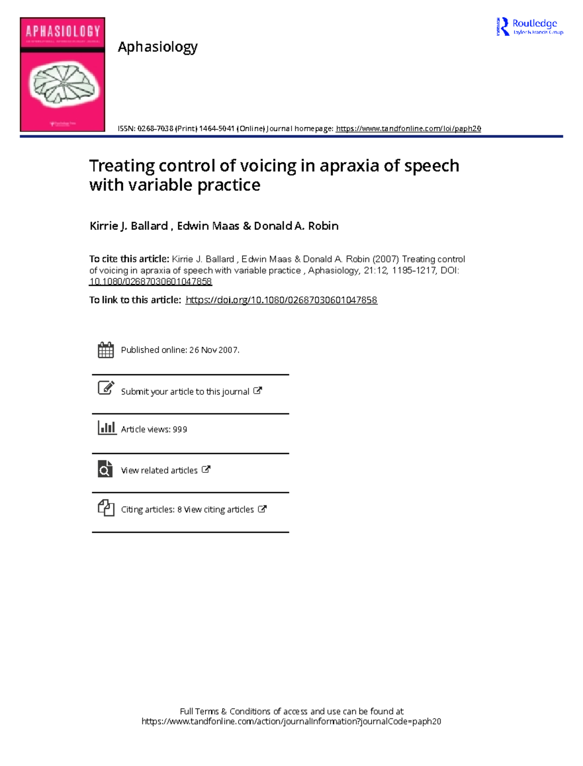 Treating control of voicing in apraxia of speech with variable practice ...