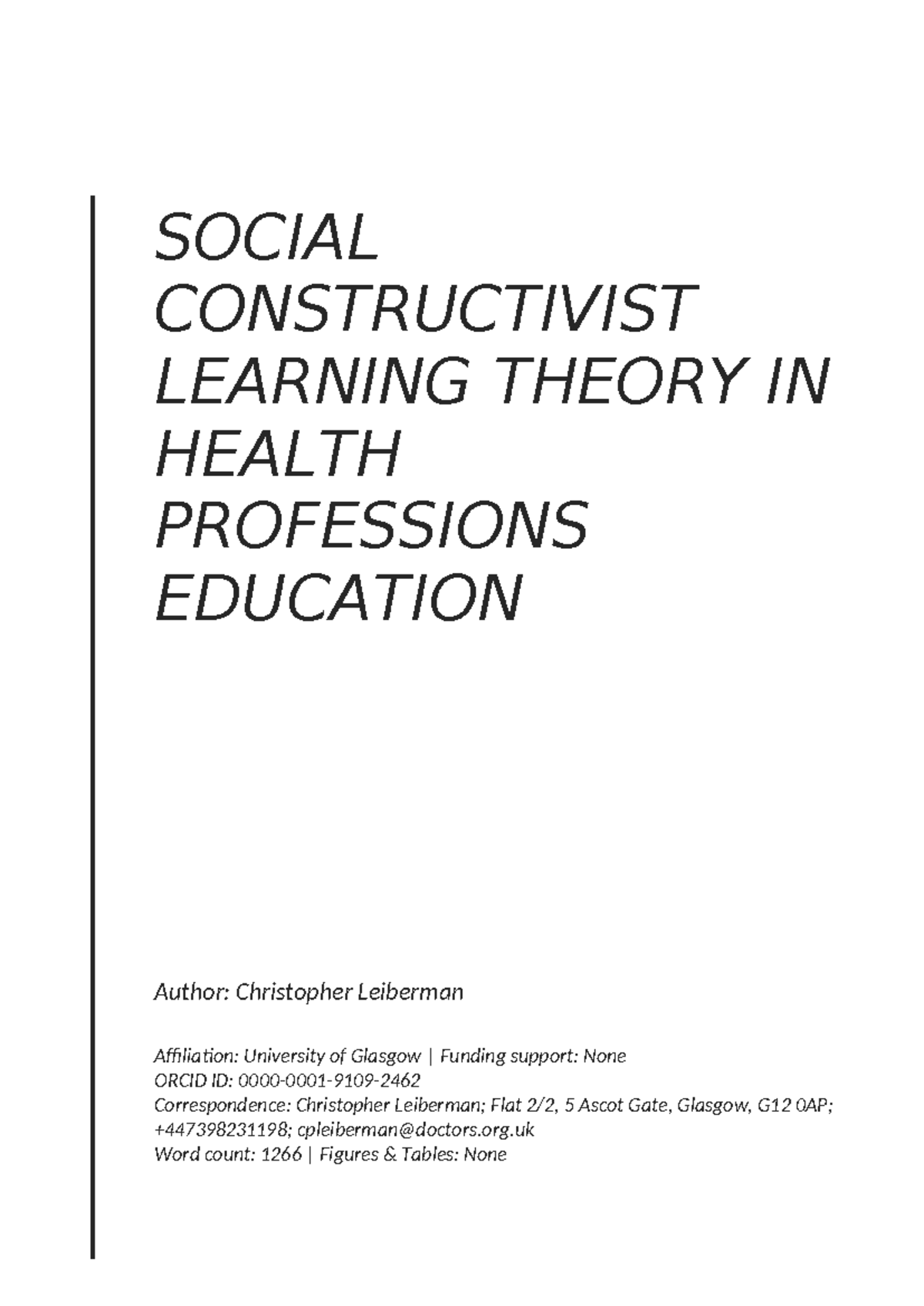 Social Constructivist Learning Theory IN Health Professions Education - Author: Christopher ...