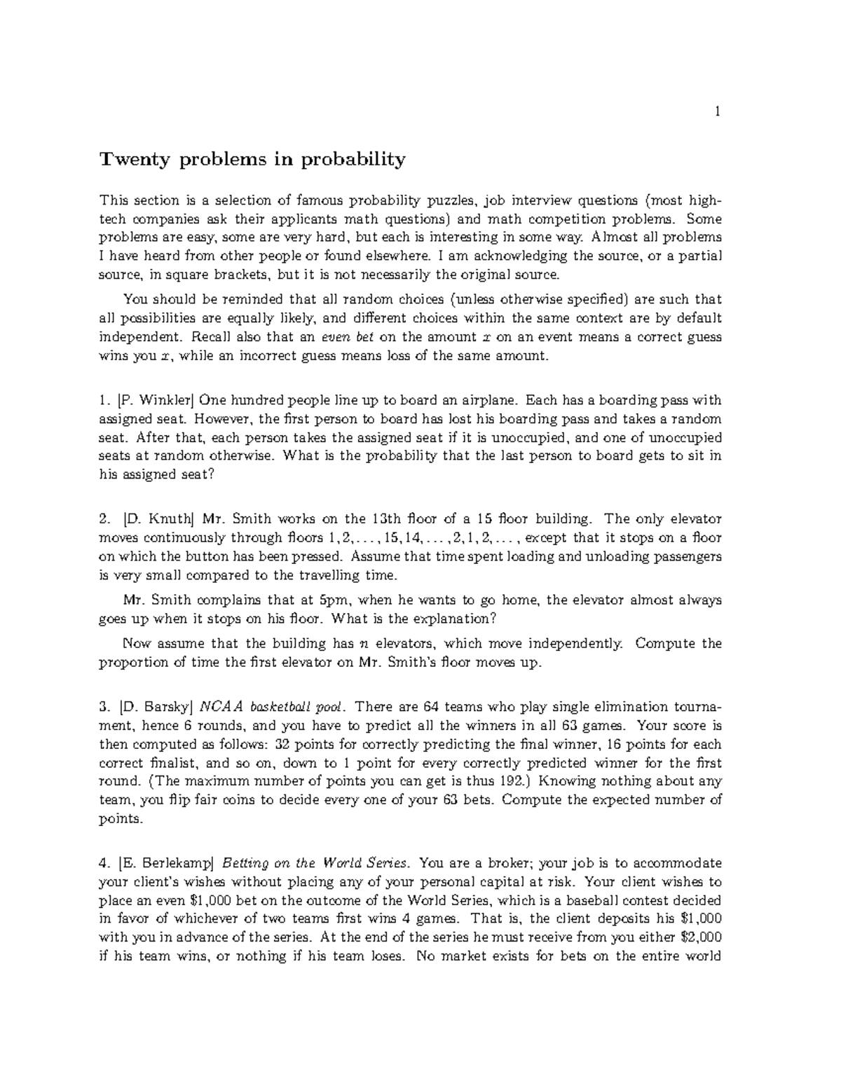 20 Problems in Probabilities - Twenty problems in probability This section is a selection of ...
