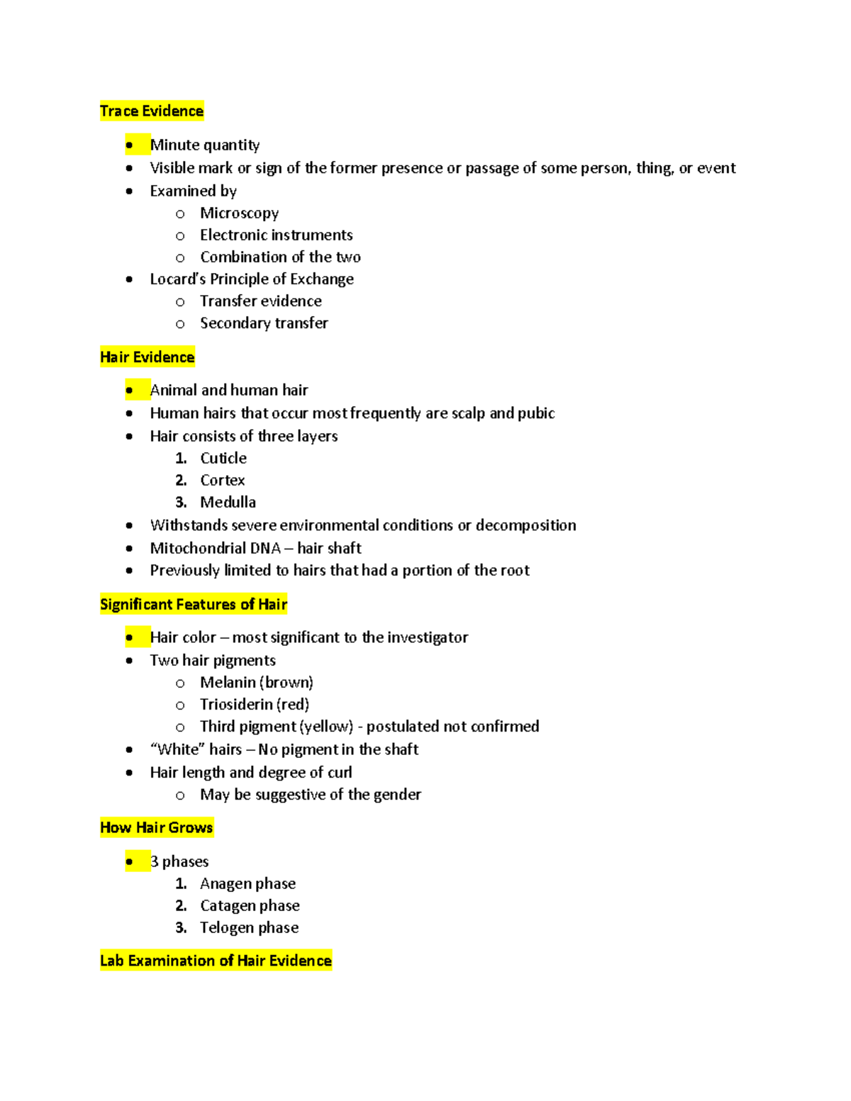 Chapter 6 Notes - Trace Evidence Minute quantity Visible mark or sign ...