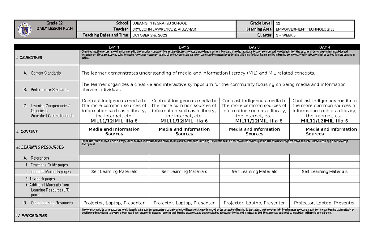 MIL October 2-6, 2023 - WEEK 5 - Grade 12 DAILY LESSON PLAN School ...