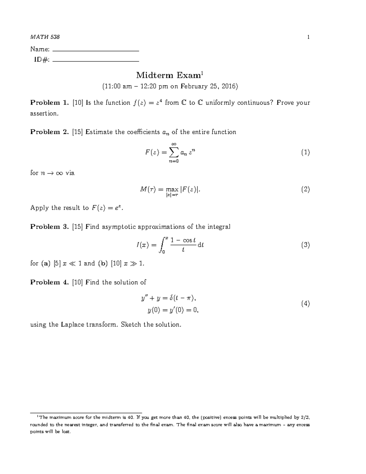 Mt-sample - Mt-sample - MATH 538 1 Name: ID#: Midterm Exam 1 (11:00 am ...