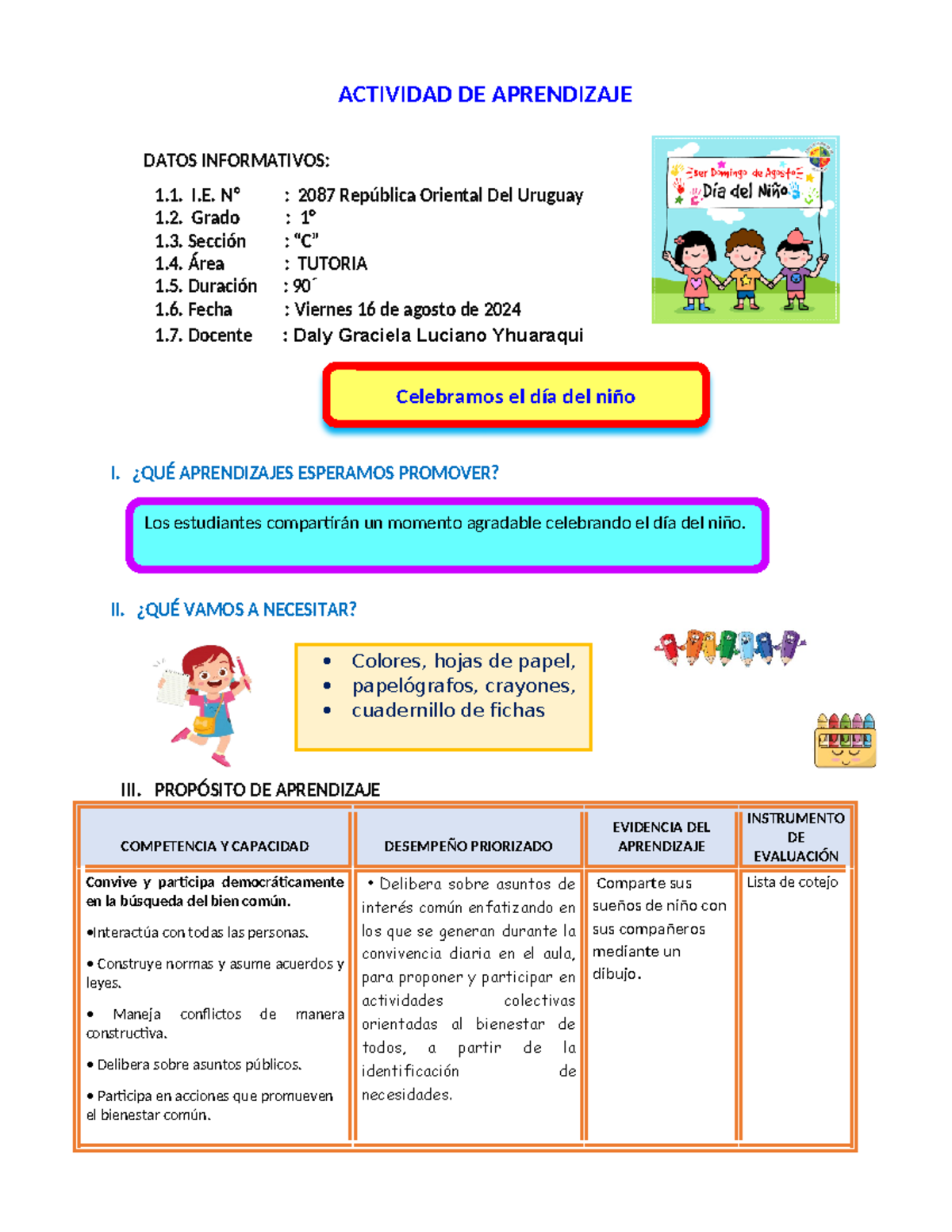 D5 A2 Sesion Celebramos el día del niño - ACTIVIDAD DE APRENDIZAJE DATOS INFORMATIVOS: 1. I. Nº ...