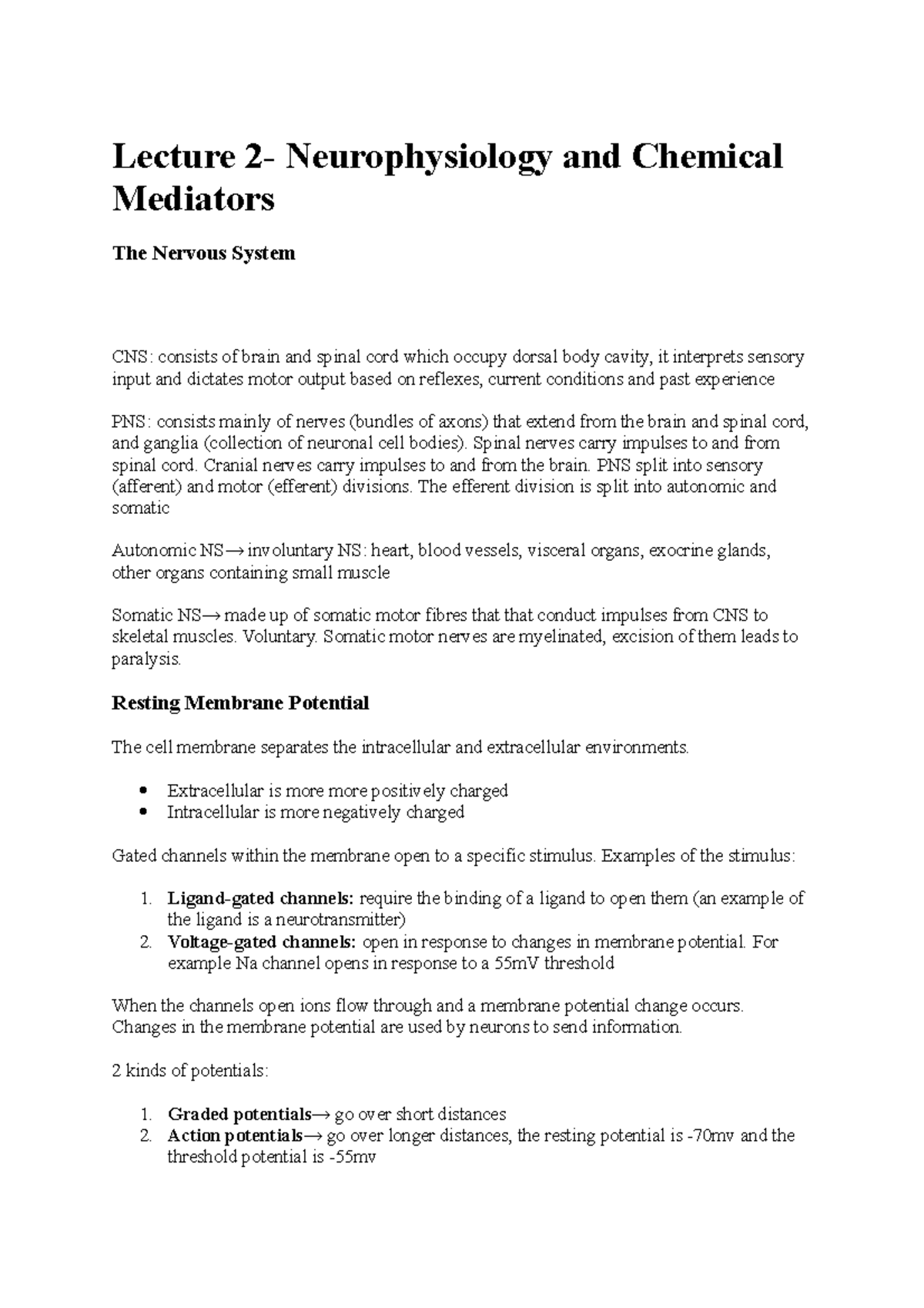 Lecture 2 neurophysiology and chemical mediators - Lecture 2 ...