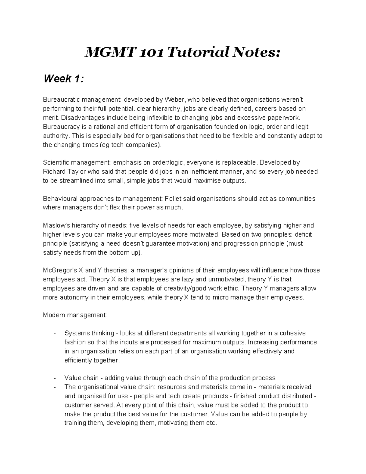 MGMT101 Tutorial Notes - MGMT 101 Tutorial Notes: Week 1: Bureaucratic ...