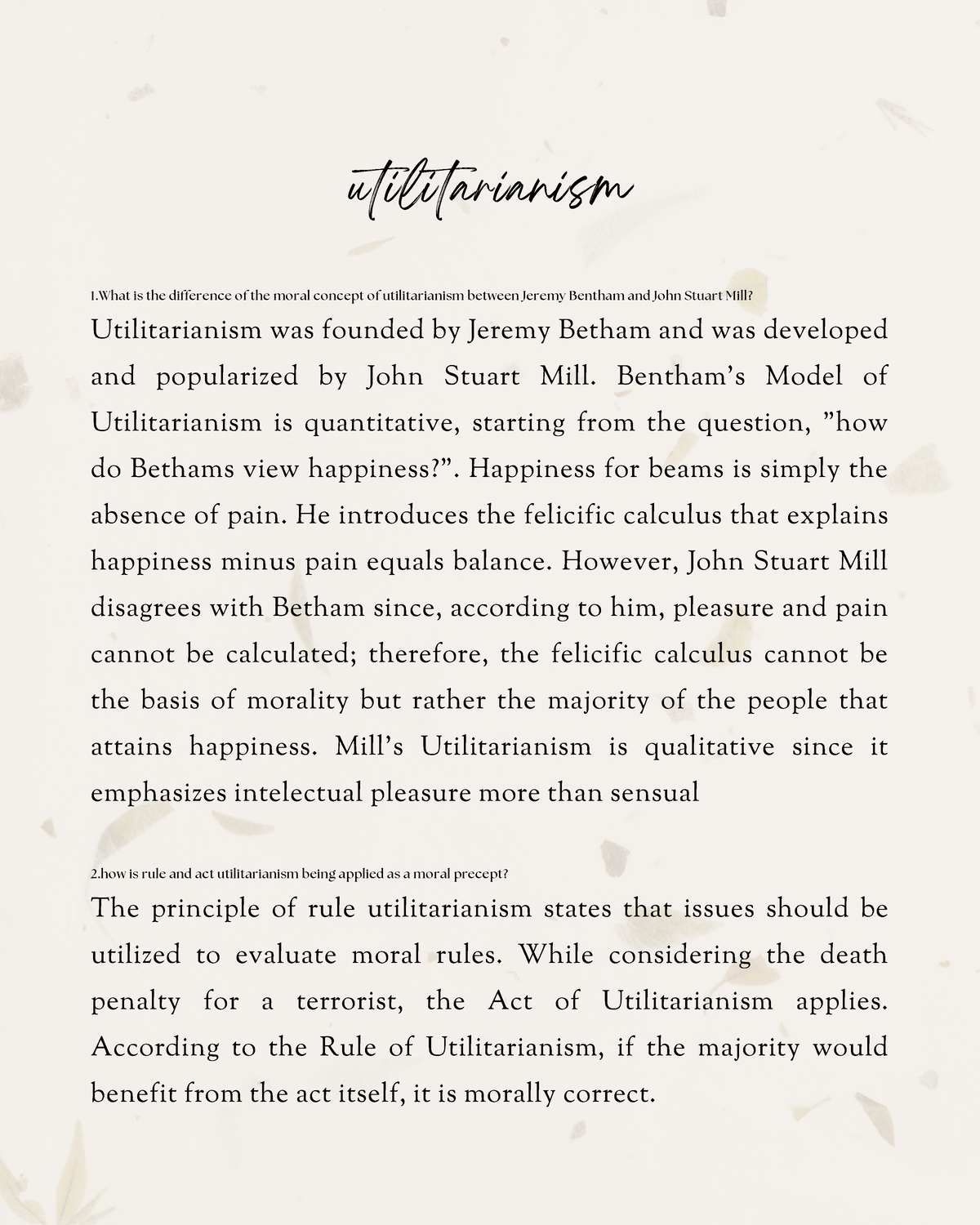 Utilitarianism - Bentham's Model of Utilitarianism is quantitative ...