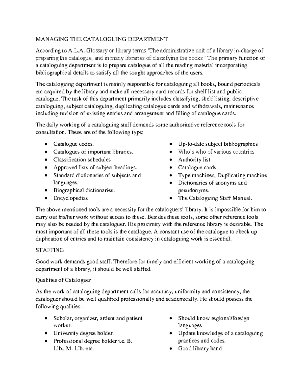 Managing Cataloguing - lec notes - MANAGING THE CATALOGUING DEPARTMENT ...