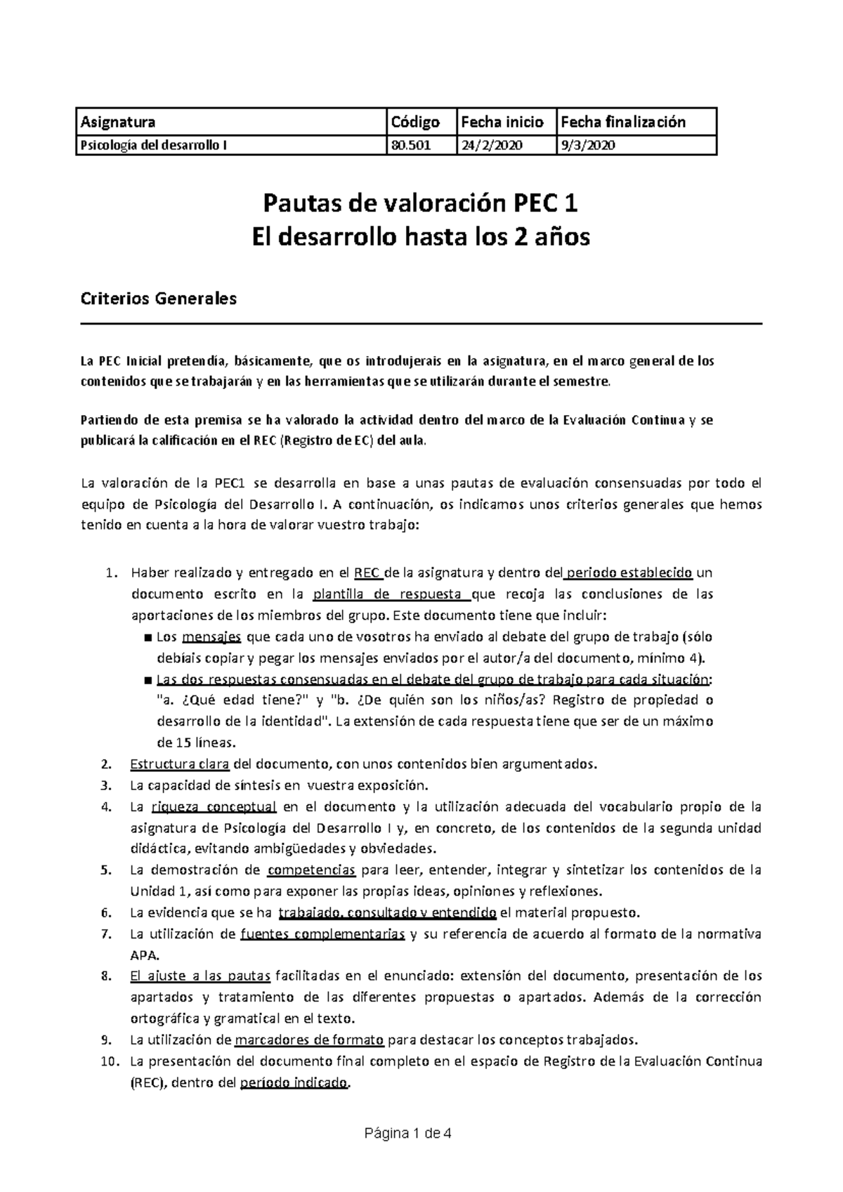 Pec 1 psico desarrollo - Psicología del desarrollo I 80 24/2/2020 9/3/ Pautas de valoración PEC ...