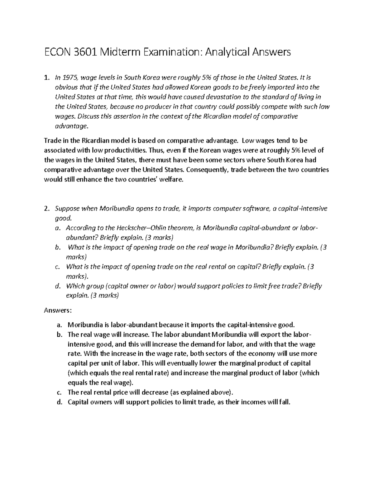 Midterm Exam 31 October 2020, questions and answers - Warning: TT: undefined function: 32 ECON ...
