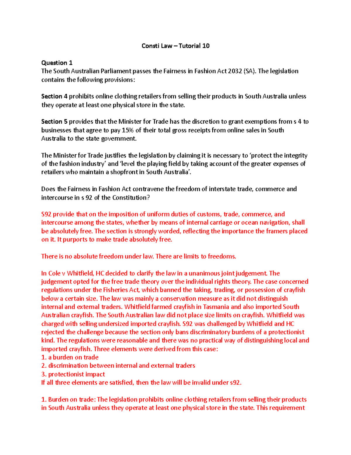 Consti Law Tutorial 10 Cons琀椀 Law Tutorial 10 Ques琀椀on 1 The South Australian Parliament