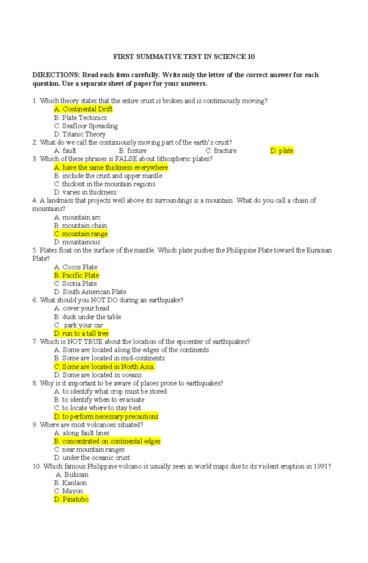 Plate Tectonics Reviewer - FIRST SUMMATIVE TEST IN SCIENCE 10 ...
