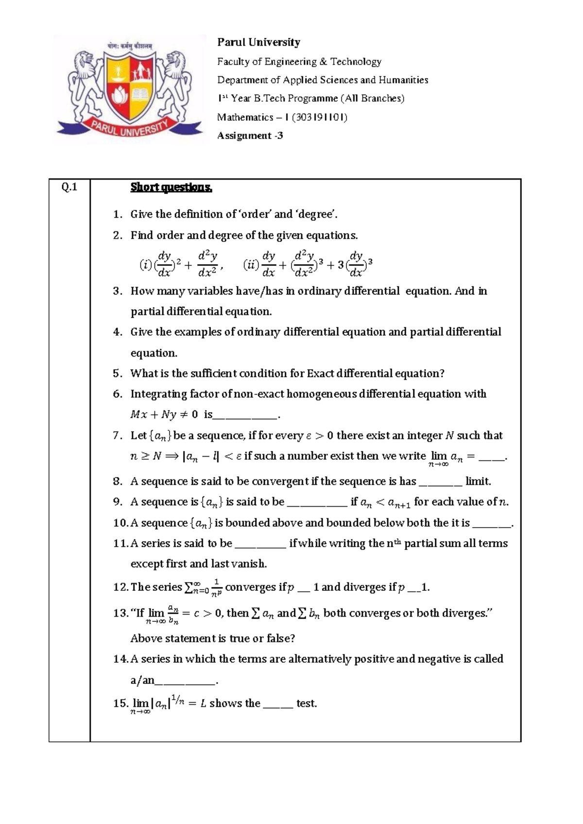 Assignment 3 1 1 11 - asssignment - Parul University Faculty of Engineering & Technology - Studocu