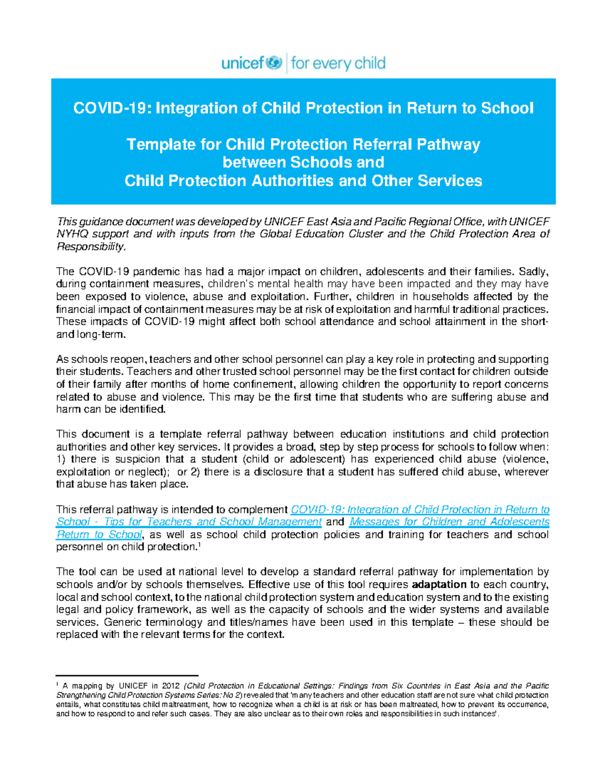 Unicef EAPR Integration of Child Protection in Return to School ...