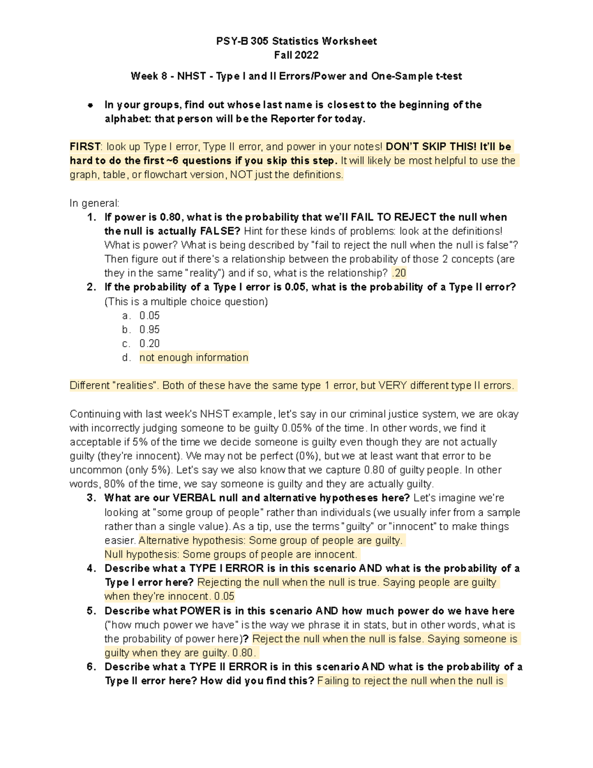 Copy of Week 8 - NHST - Type I and II Errors Power and One-Sample t ...