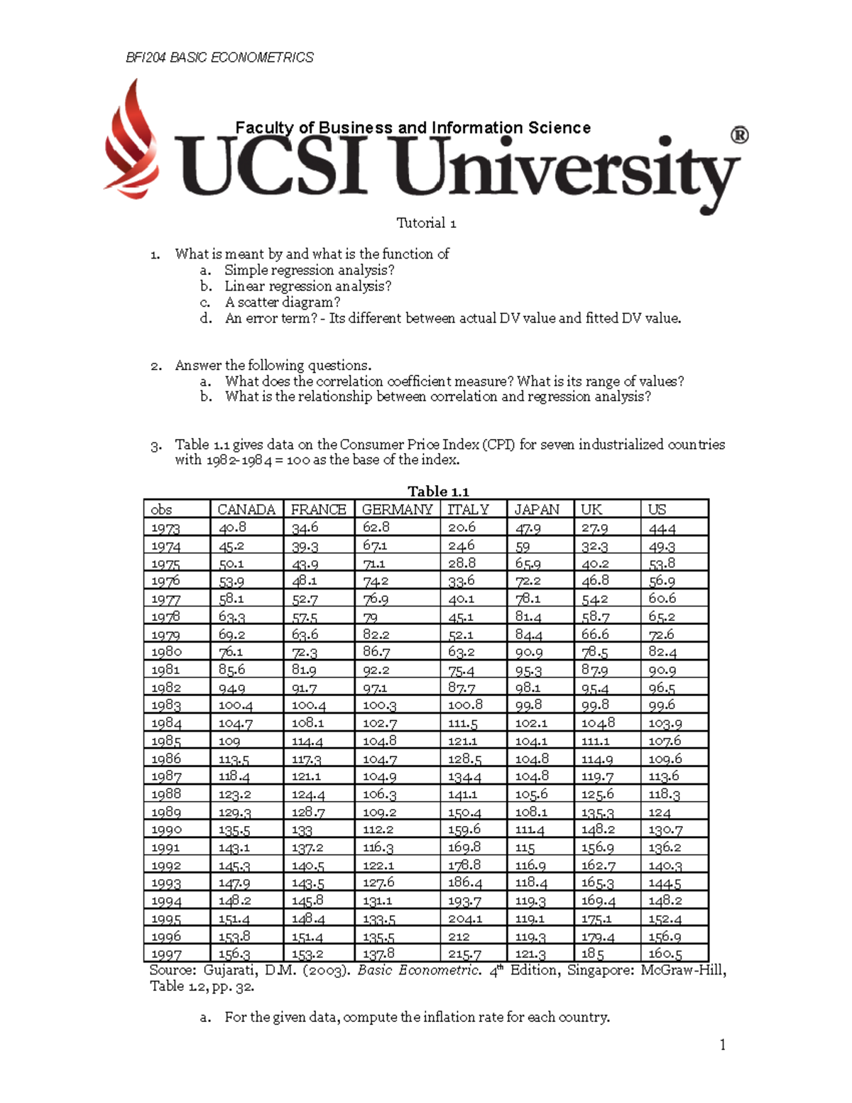 Tutorial 1 Bfi204 Basic Econometrics Faculty Of Business And Information Science Tutorial 1