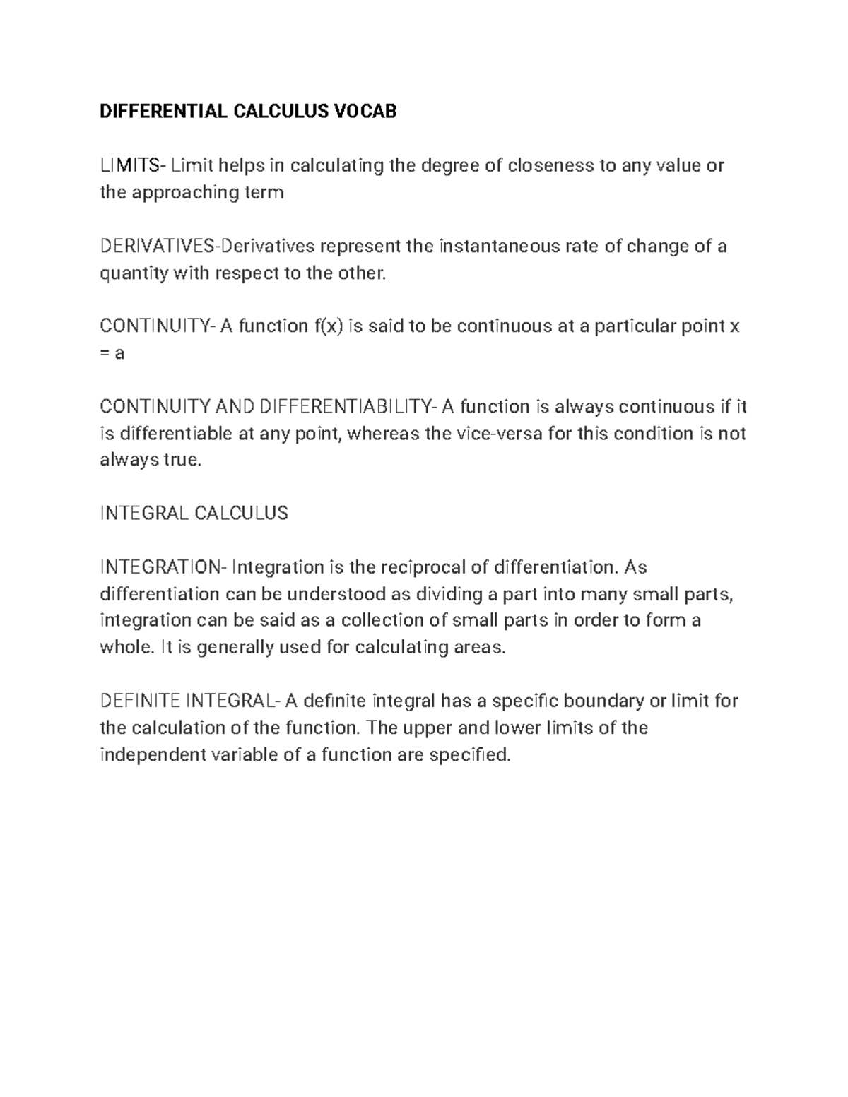Differential Calculus Vocab - DIFFERENTIAL CALCULUS VOCAB LIMITS- Limit ...