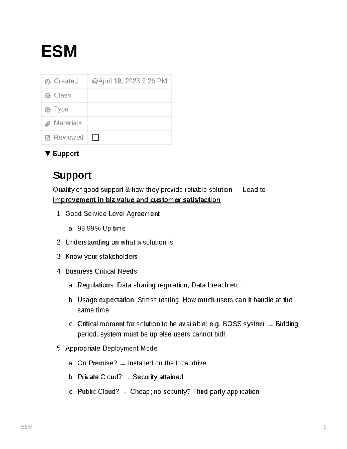 ESM - Finals notes - ESM Created Class Type Materials Reviewed Support ...