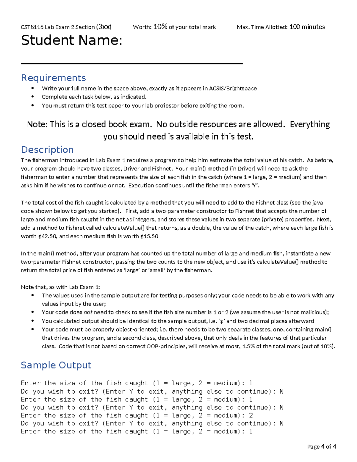 CST8116 Lab Exam 2 - Fishnet Class Implementation - CST8116 Lab Exam 2 ...