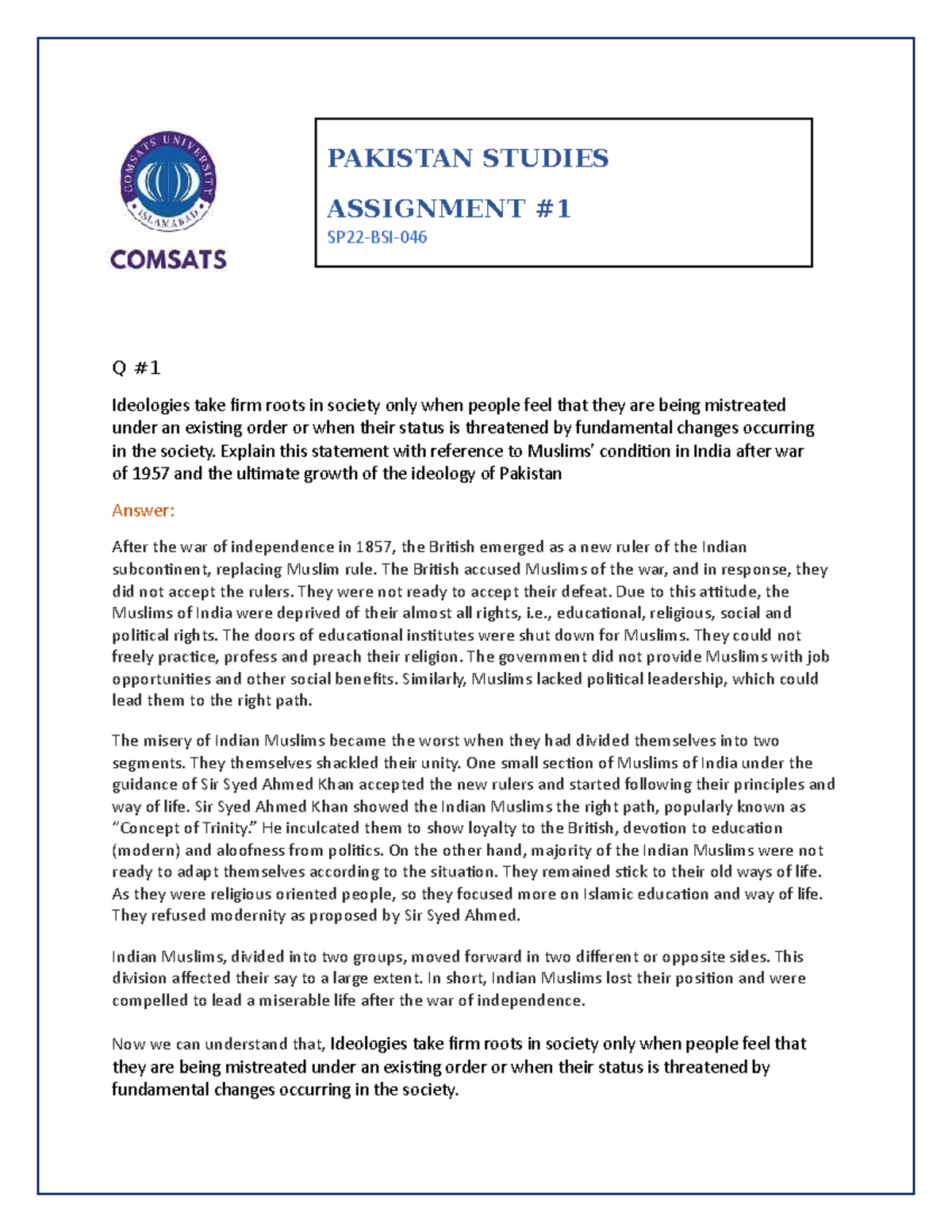 pak studies#1 (Ideology of Pakistan) - Q Ideologies take firm roots in ...