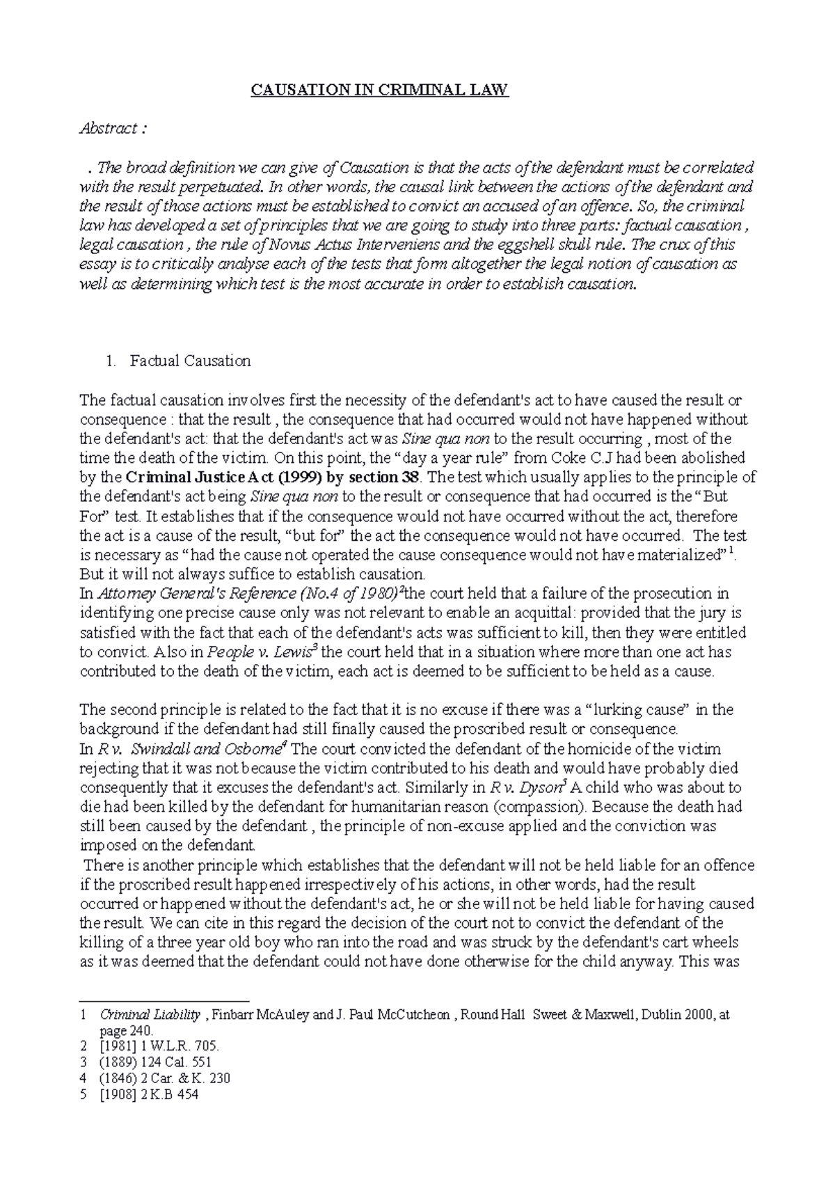Causation in criminal law Essay BCL 1st - CAUSATION IN CRIMINAL LAW ...