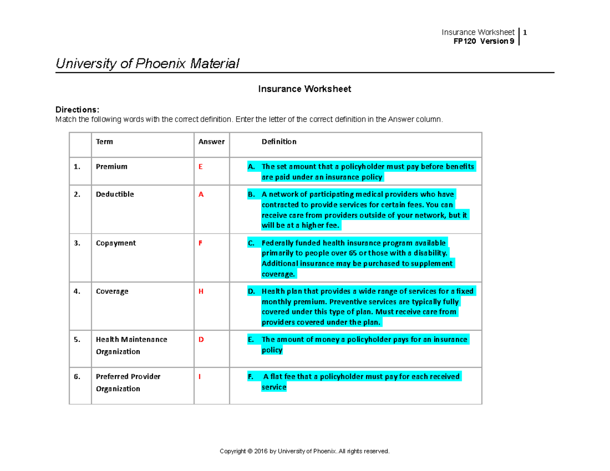 FP120 r9 Insurance Worksheet - Insurance Worksheet FP120 Version 9 ...