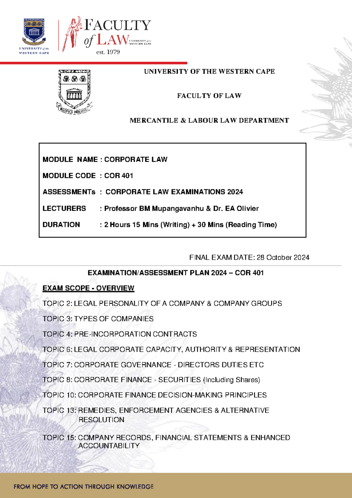 COR 401 Exams Assessment PLAN 2024 - UNIVERSITY OF THE WESTERN CAPE ...