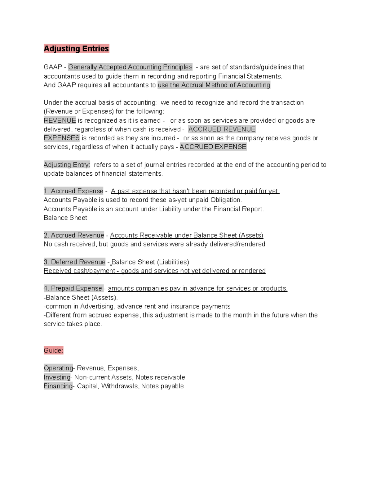 Accounting Notes - Summary Accountancy - Adjusting Entries GAAP ...