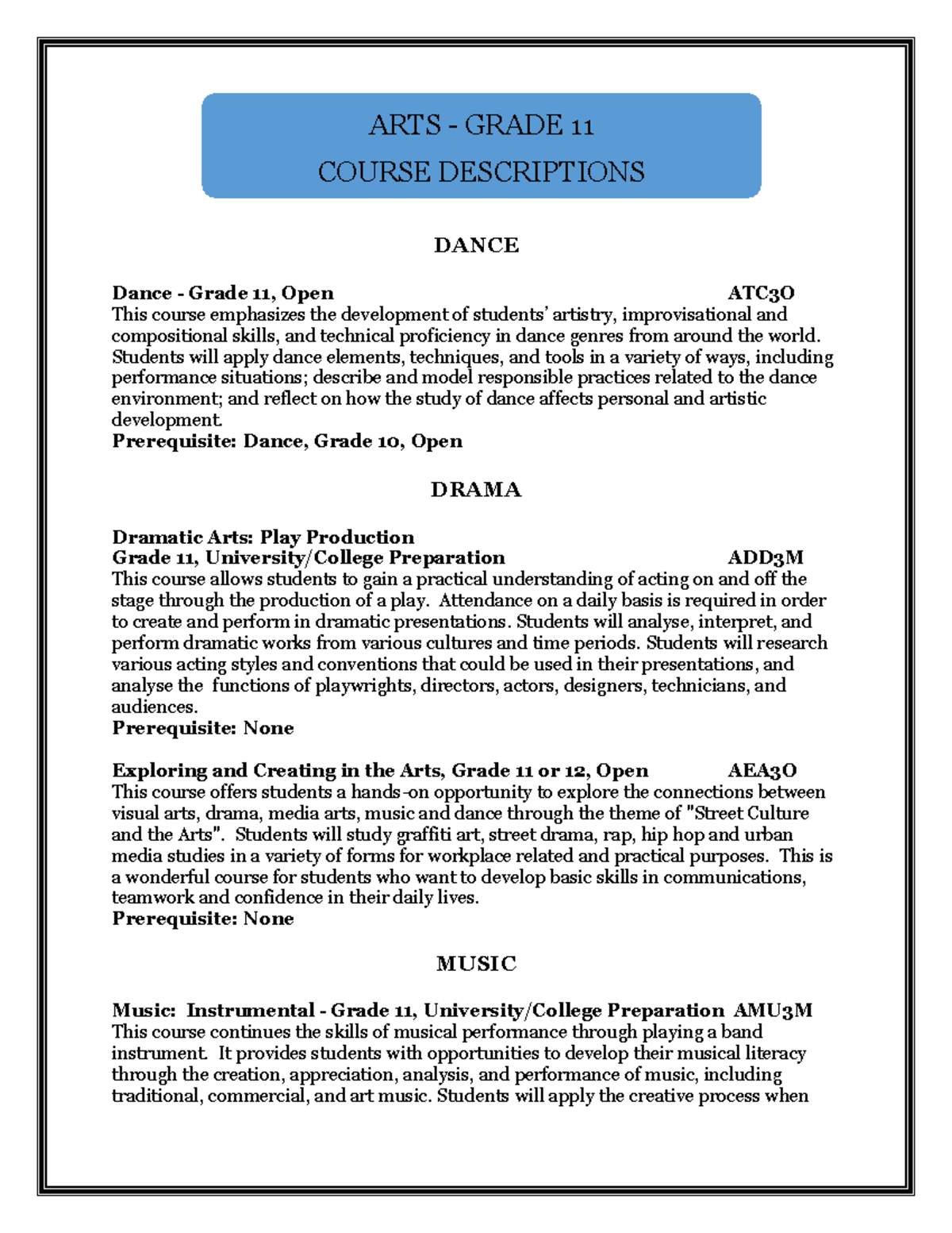 Grade 11 arts electives - DANCE Dance - Grade 11, Open ATC3O This ...