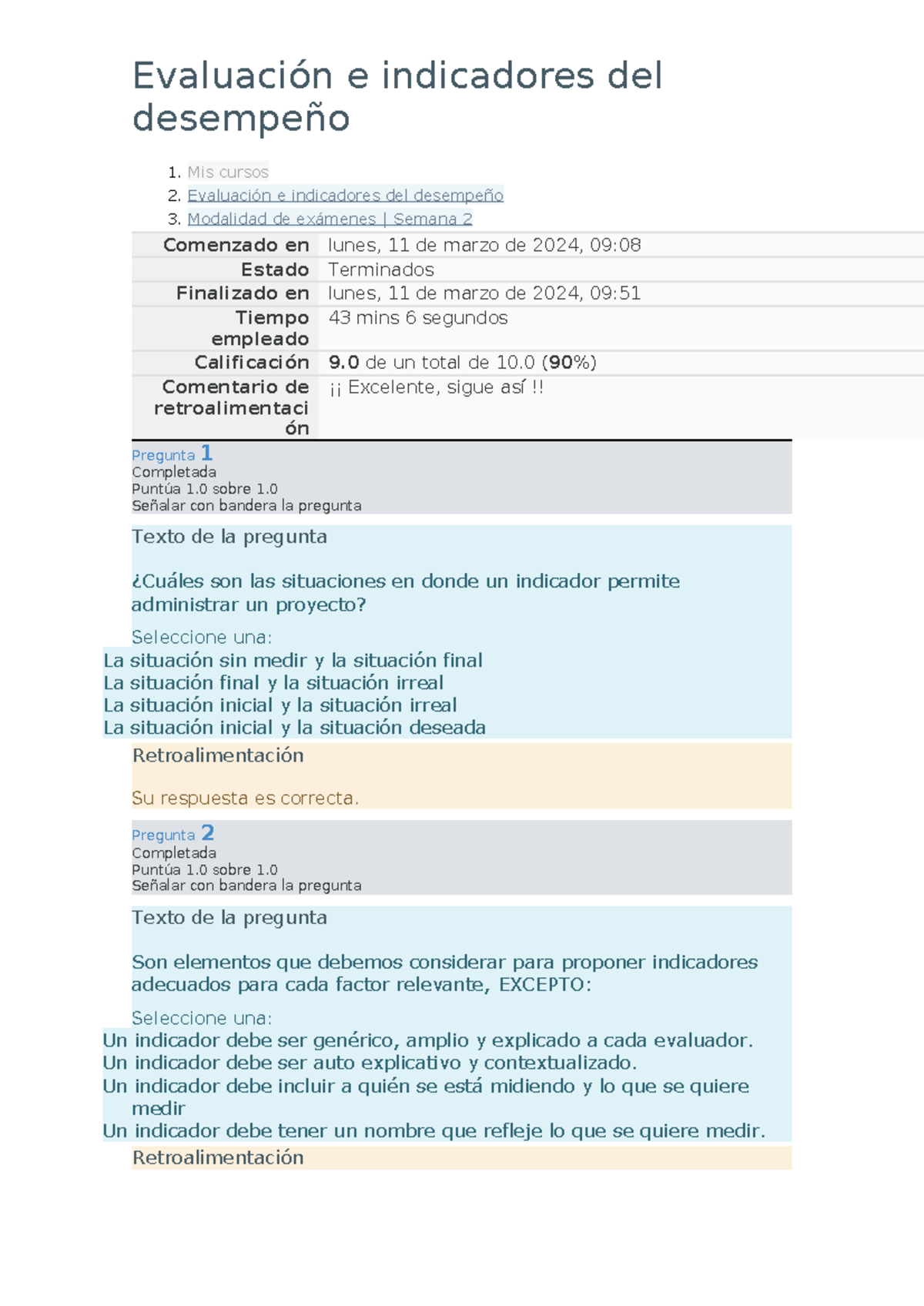 Examen semana 1 Evaluación e indicadores del desempeño - Evaluación e indicadores del desempeño ...
