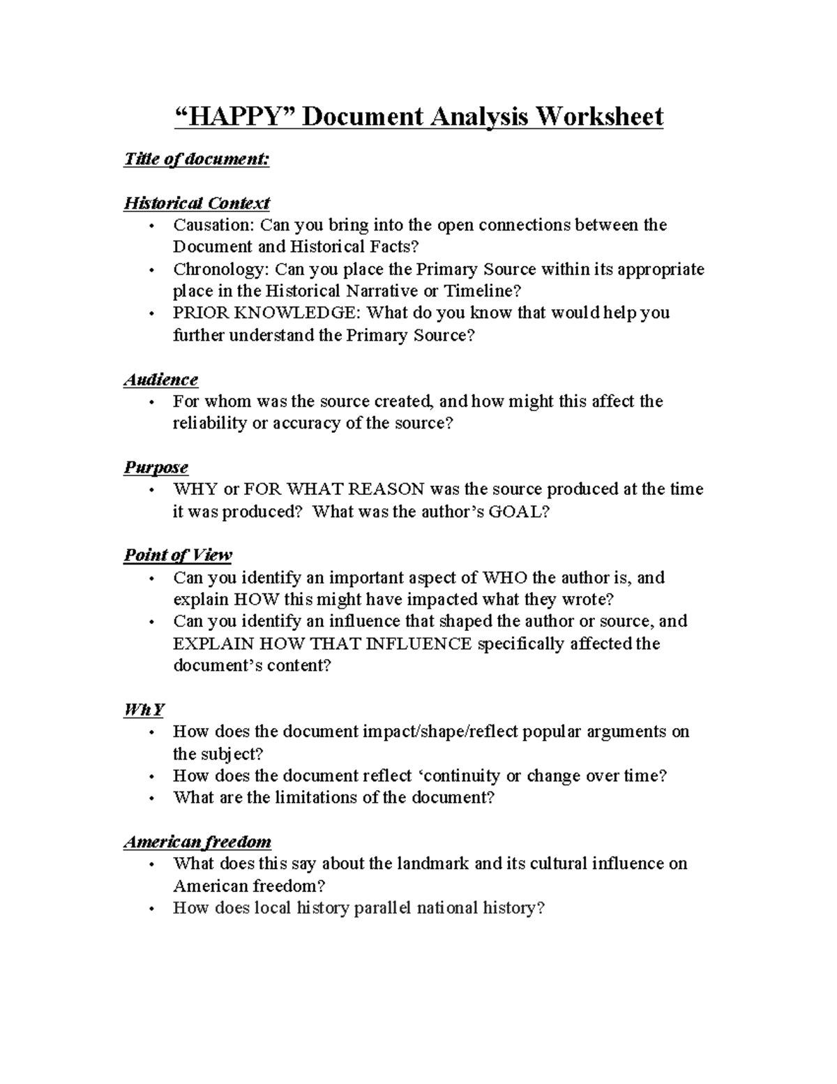 Happy document analysis - “HAPPY” Document Analysis Worksheet Title of document: Historical ...