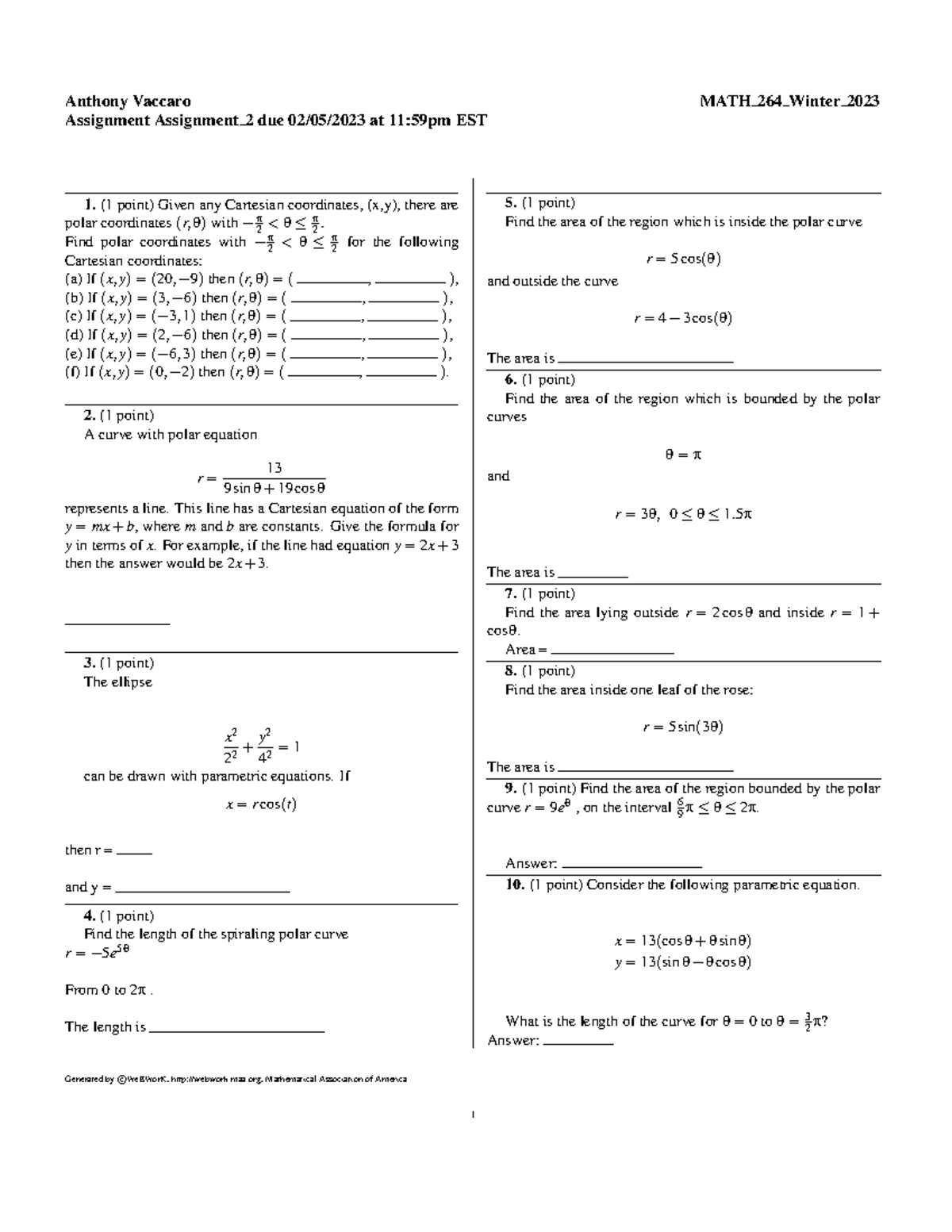 A2-Assignment 2 - Anthony Vaccaro MATH 264 Winter 2023 Assignment Assignment 2 due 02/05/2023 at ...