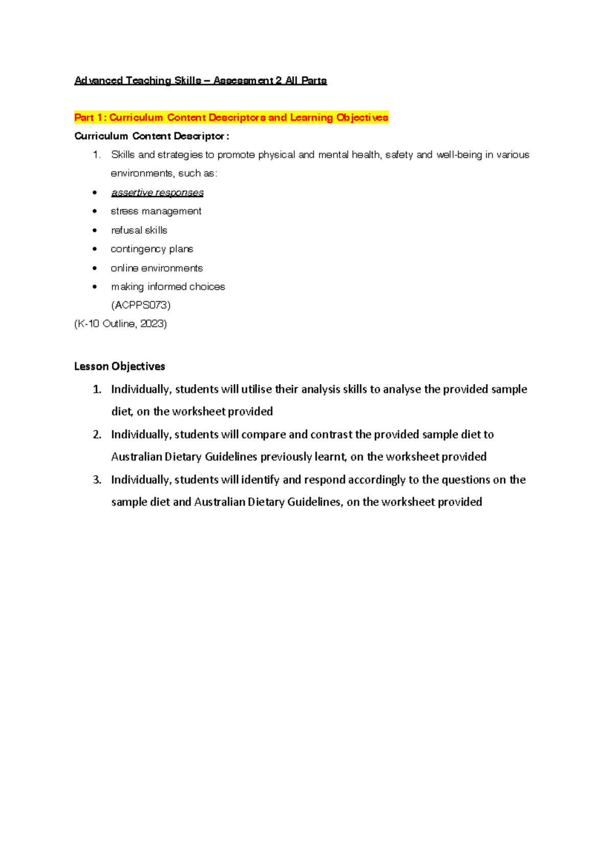 Browne, Brehanna ATS Assessment 2 - Advanced Teaching Skills ...