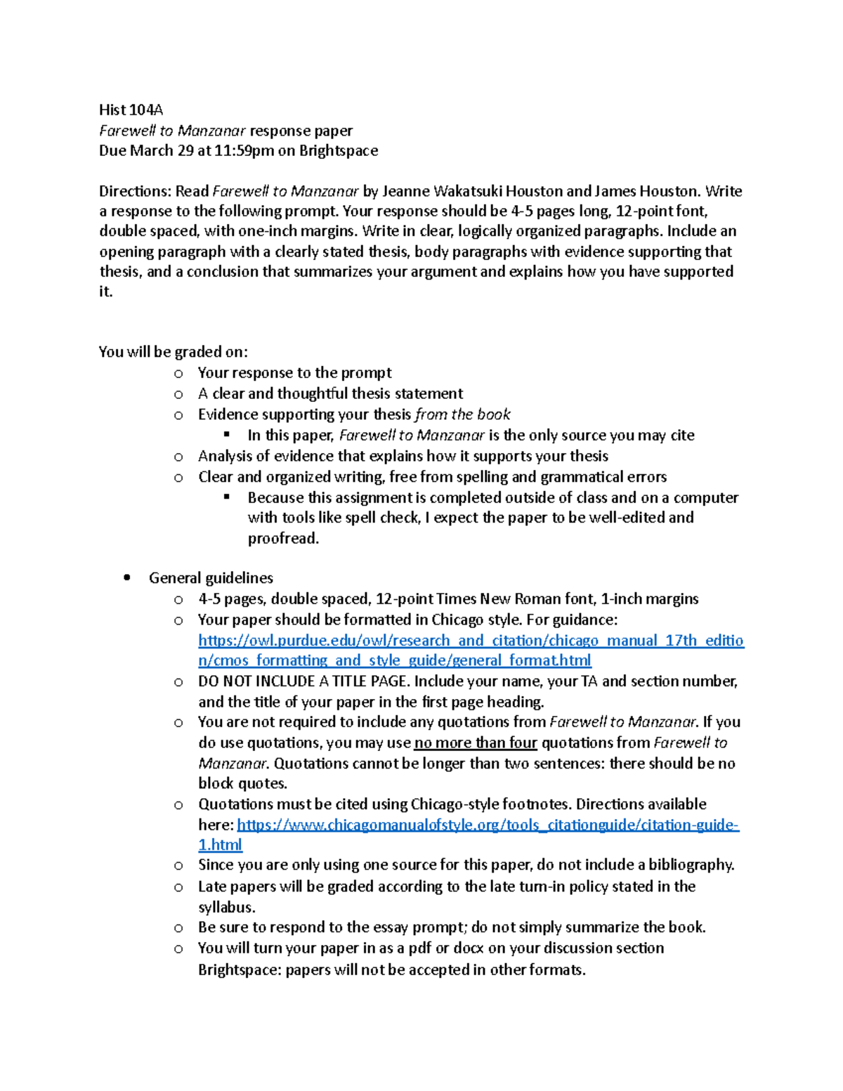 Farewell to Manzanar response paper spring 23 - Hist 104A Farewell to ...
