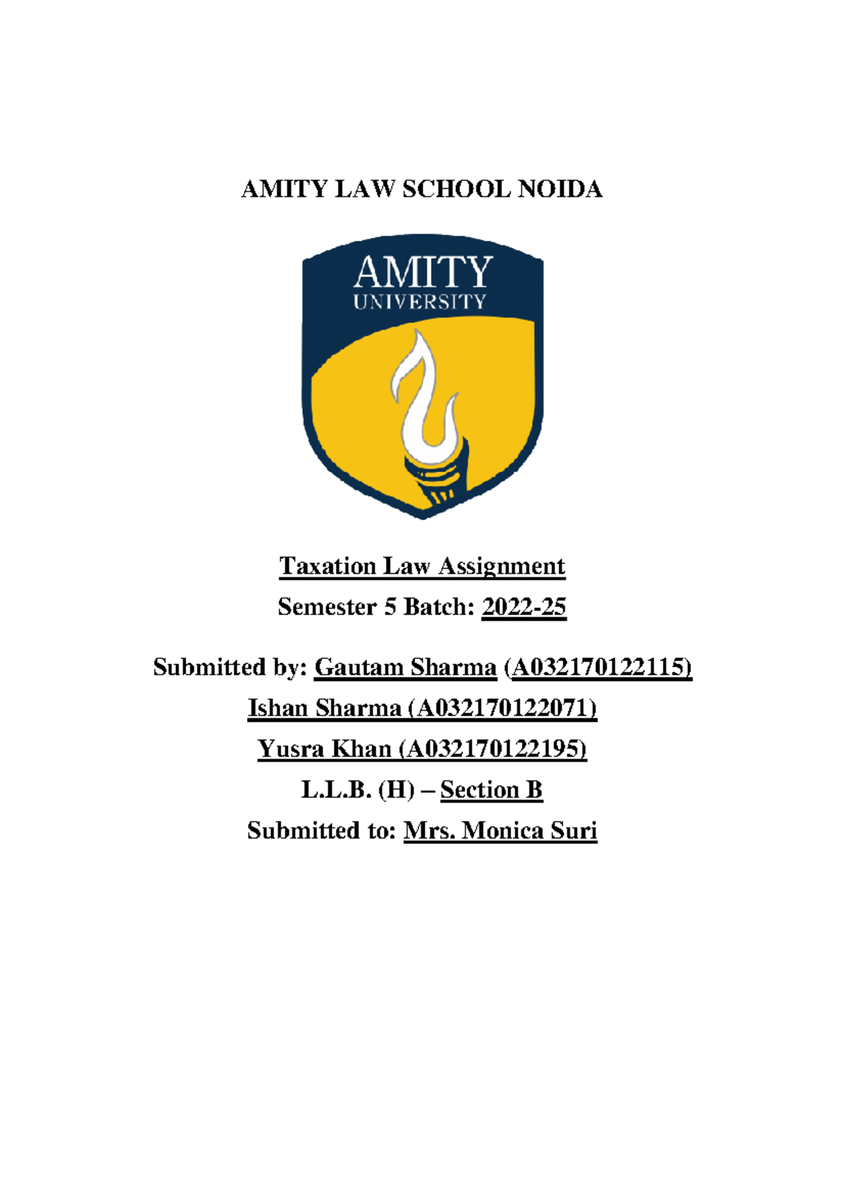 Tax assignment final - AMITY LAW SCHOOL NOIDA Taxation Law Assignment ...