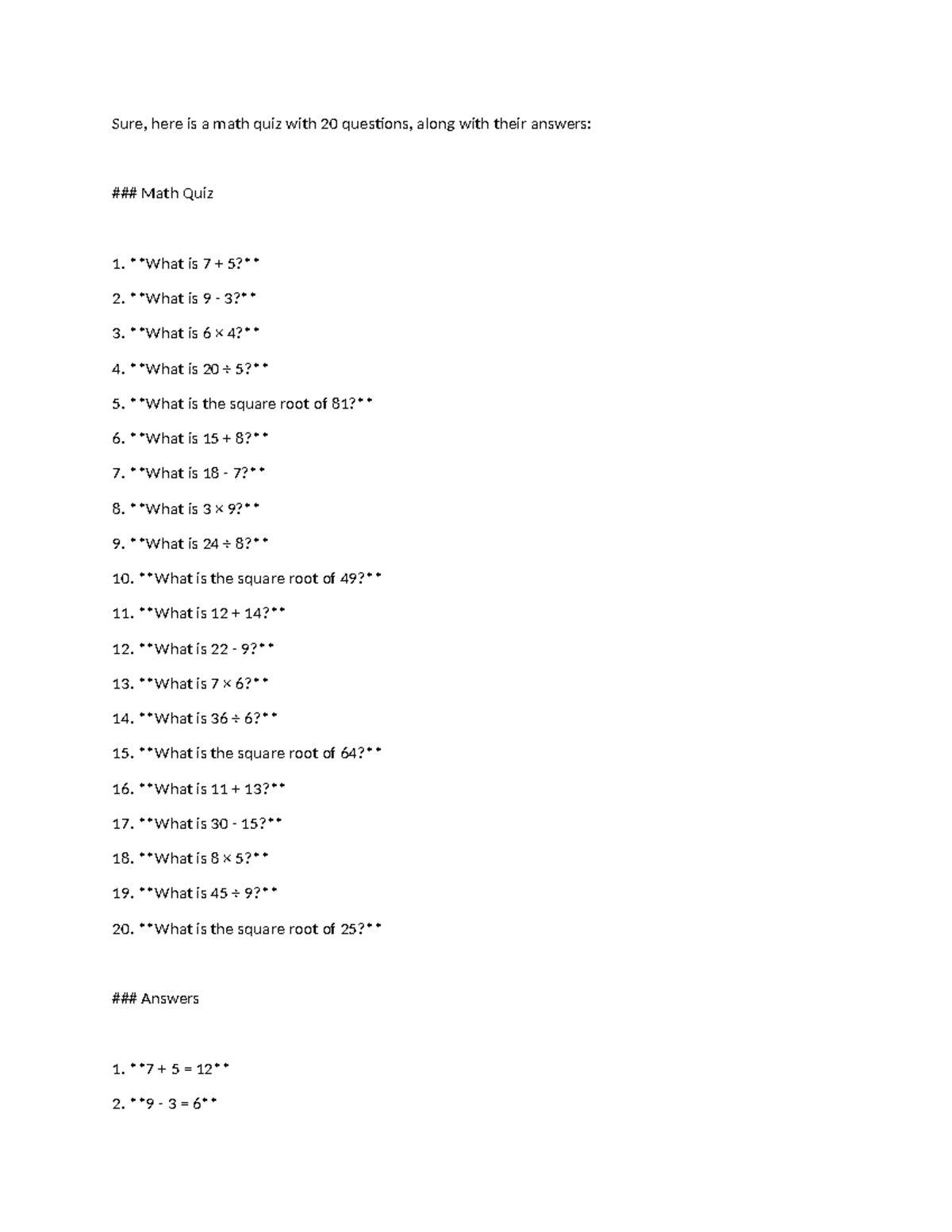 Sure - Sure, here is a math quiz with 20 questions, along with their ...
