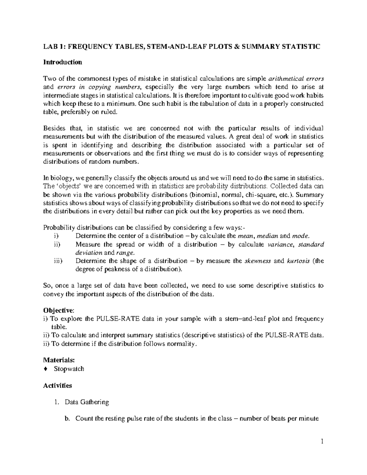 Lab 1 Frequency Tables, Stem – and – Leaf plots & Summary Statistics ...