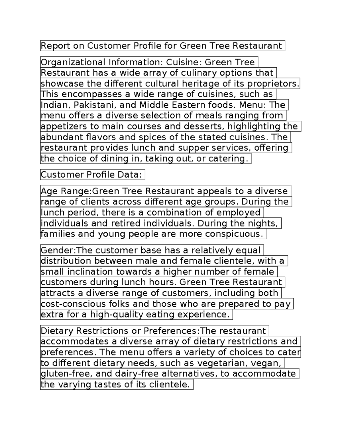Report on Customer Profile for Green Tree Restaurant - Report on ...