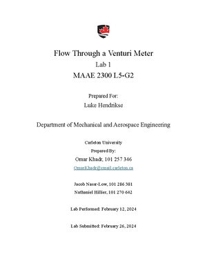 Ex1 - EXPERIMENT 1 Flow Through a Venturi Meter - Experiment 1: Flow ...