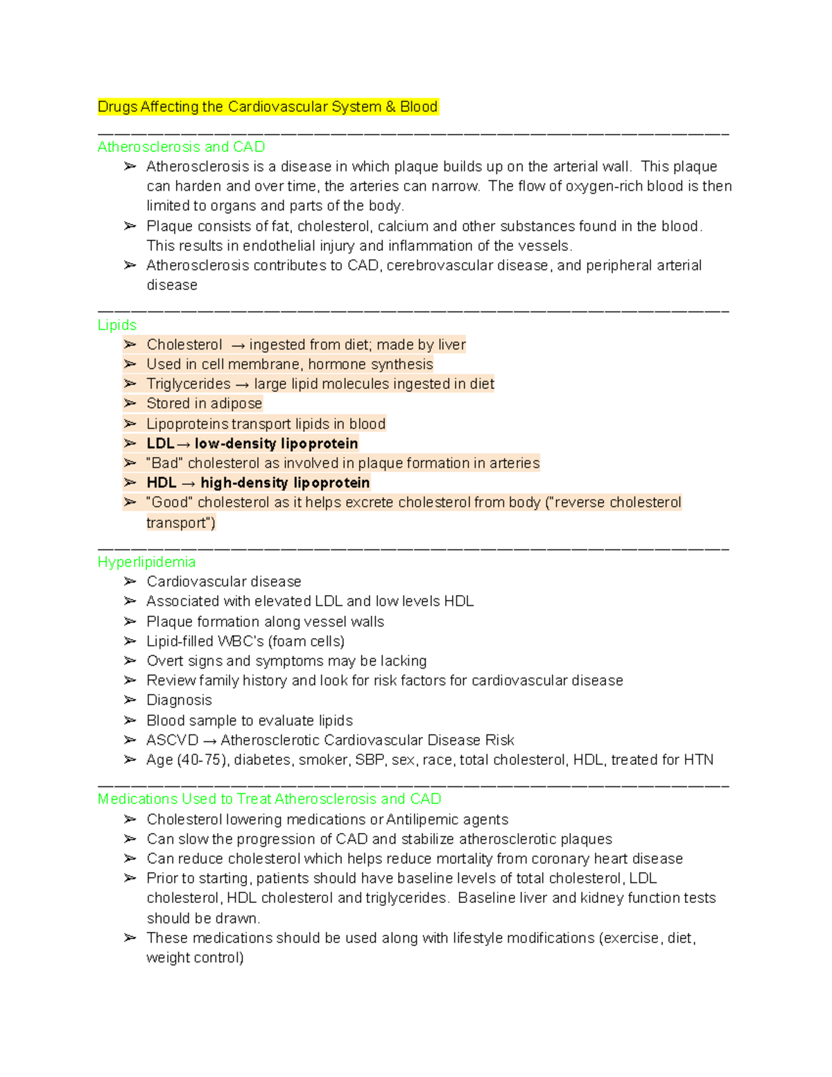 Pharm notes quiz 3 - Cardiac meds - Drugs Affecting the Cardiovascular ...