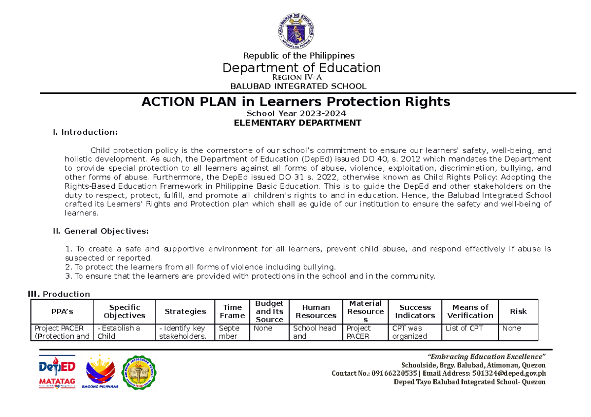 BIS ELEM LRP 2023-2024 - Action Plan in Learner's Rights and Protection ...
