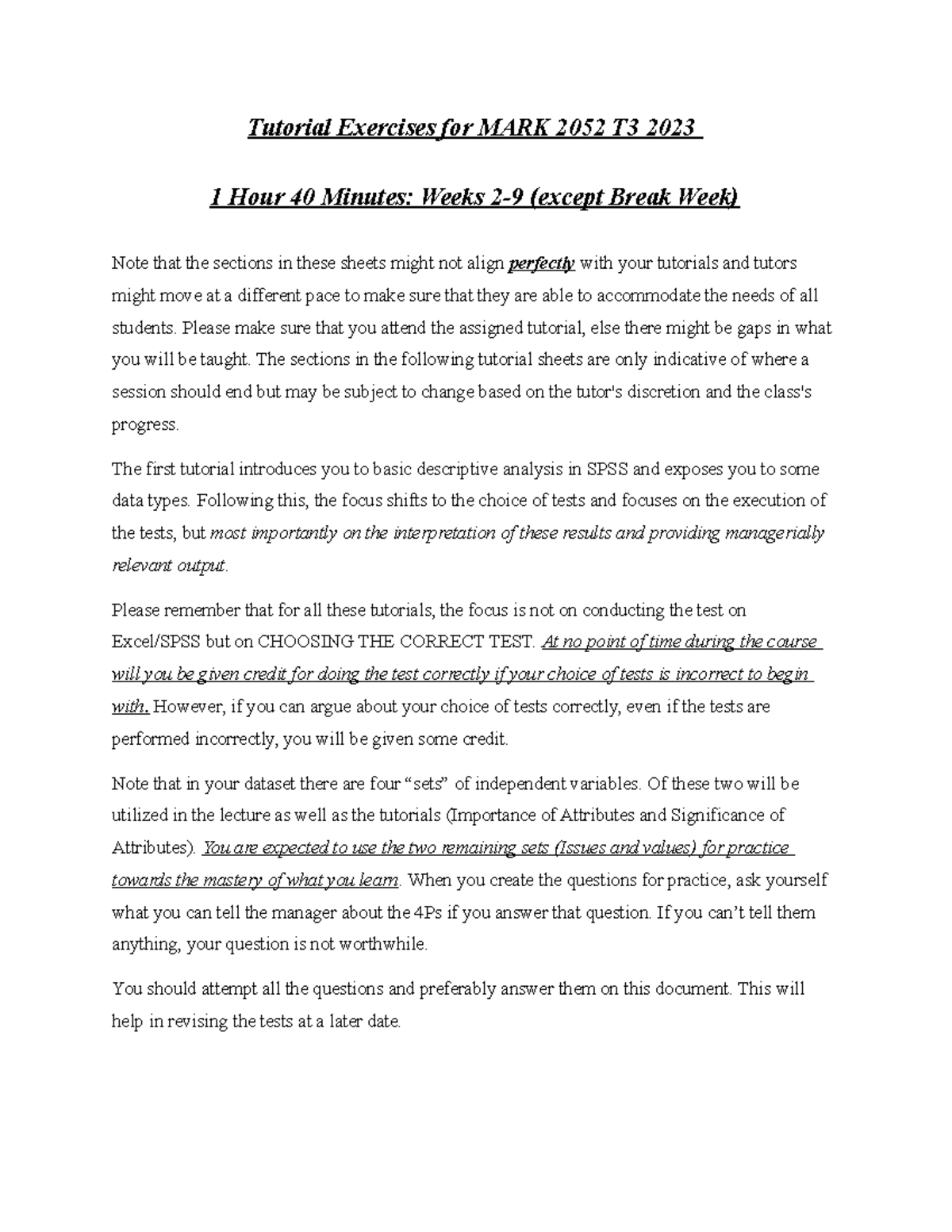 MARK2052 tut worksheet - Tutorial Exercises for MARK 2052 T3 2023 1 ...