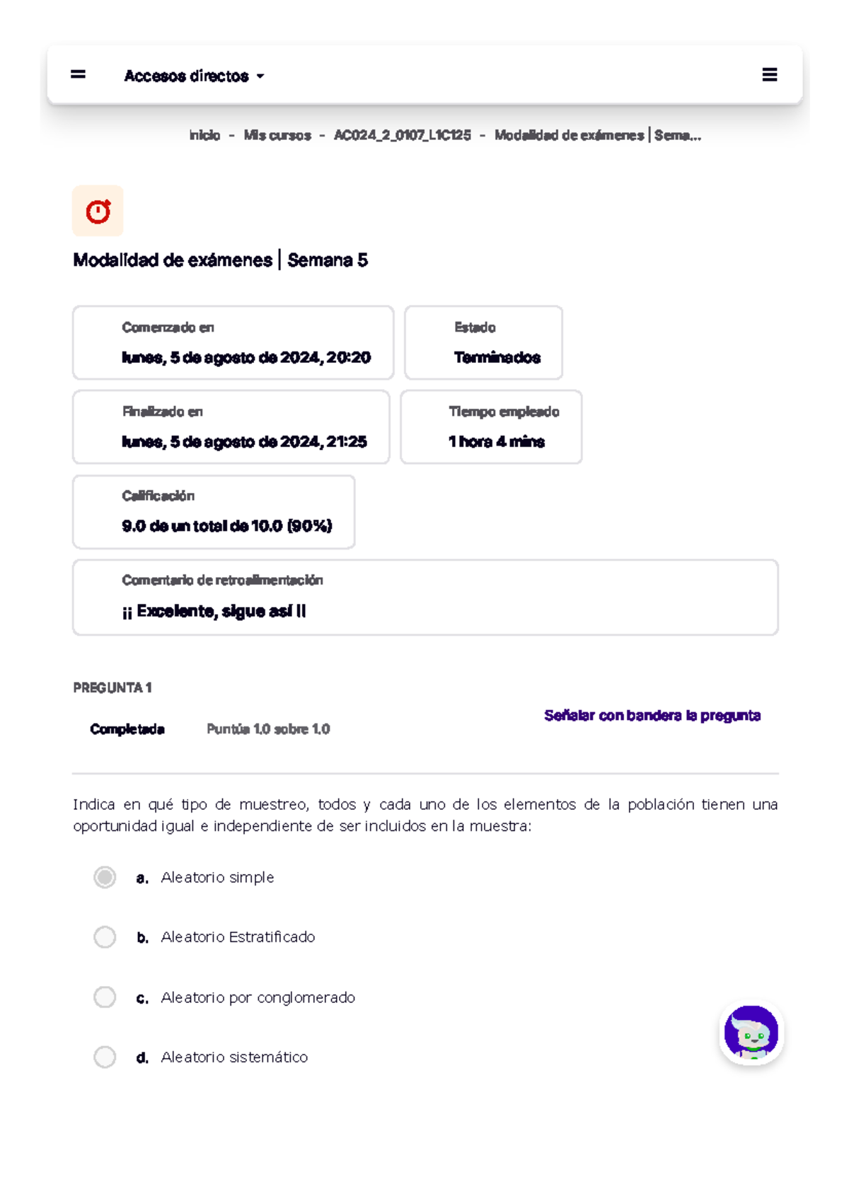 Modalidad de exámenes Semana 5 Revisión del intento estadistica y probabilidad - Comenzado en ...
