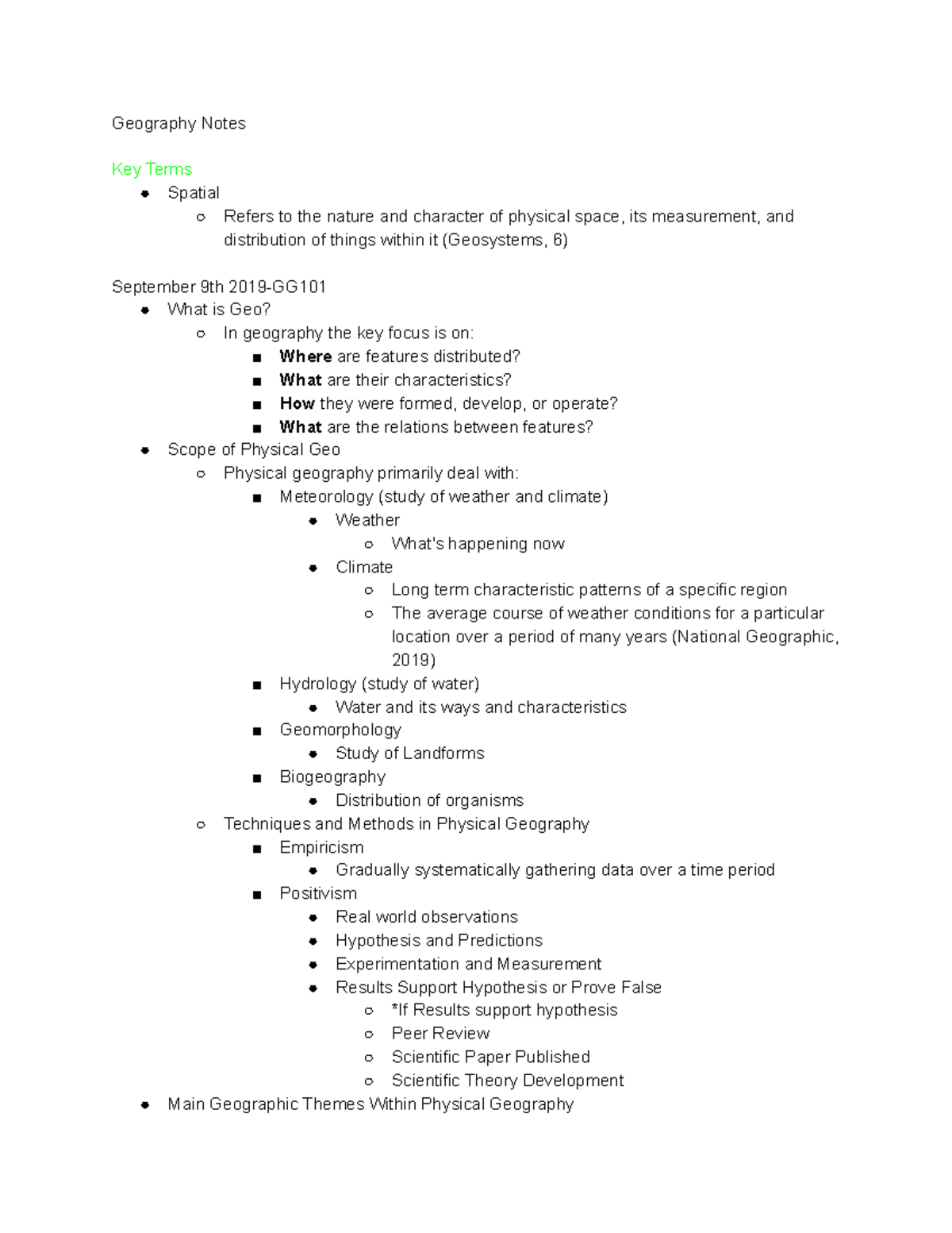 GG101 - ALL CLASS NOTES - Geography Notes Key Terms Spatial Refers to ...