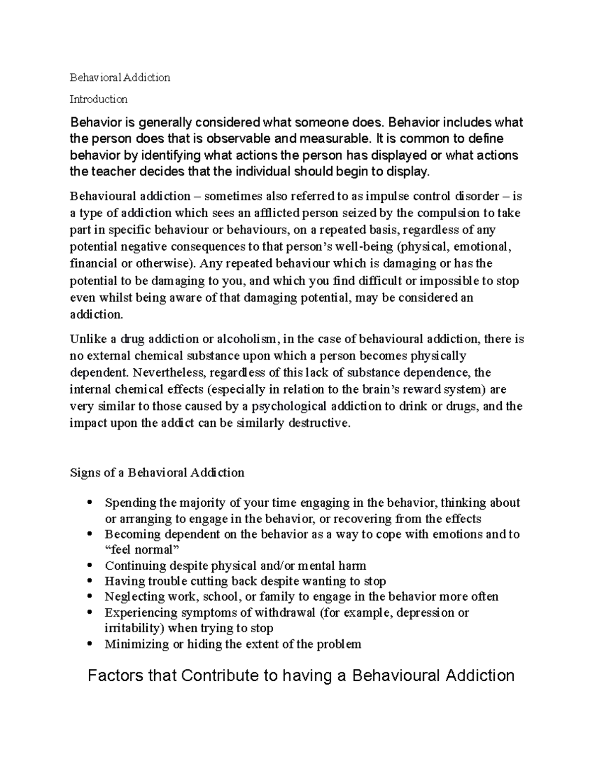 Behavioral Addictions - Behavioral Addiction Introduction Behavior is ...